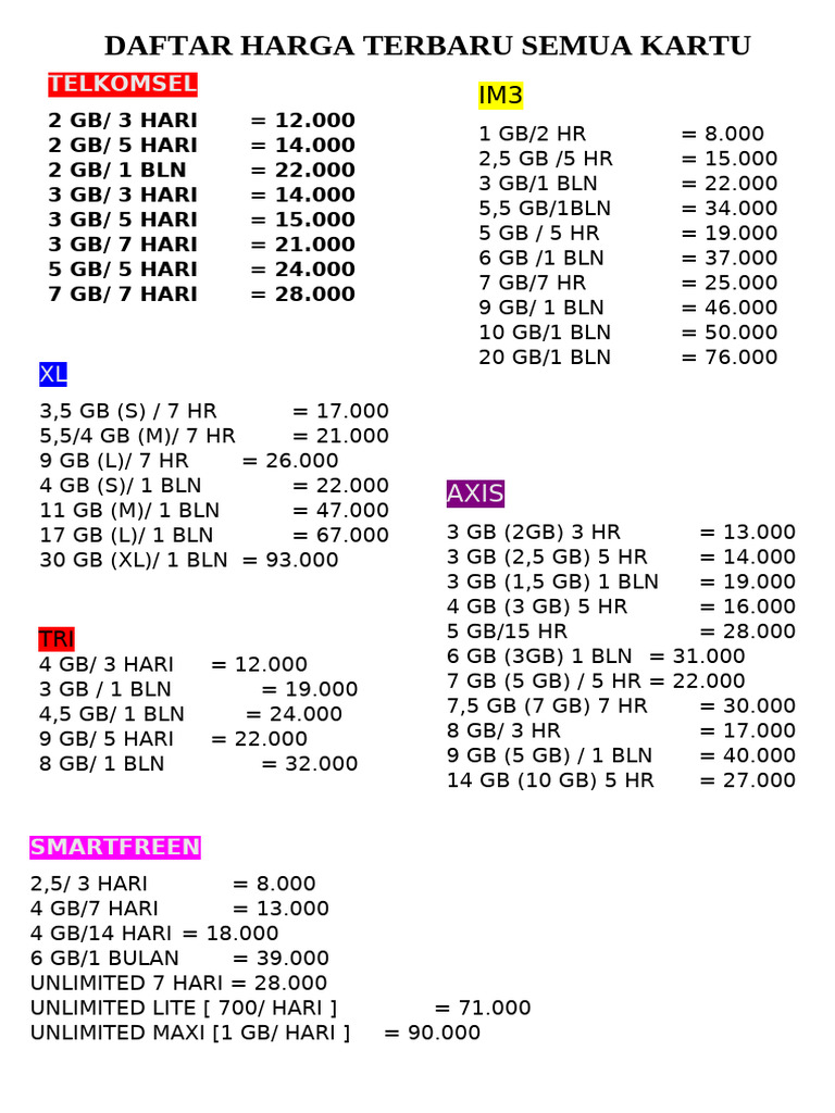Daftar Harga Voucher | PDF