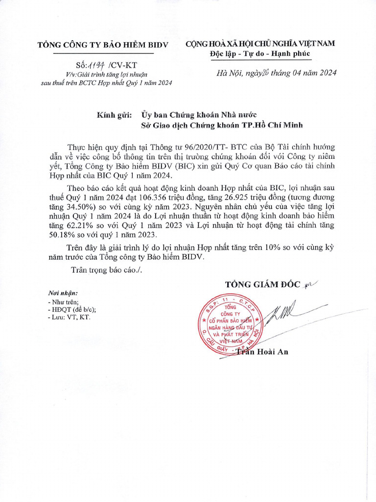BIC - Giai Trinh Tang Loi Nhuan Sau Thue Tren BCTC Hop Nhat Quy I.2024 ...