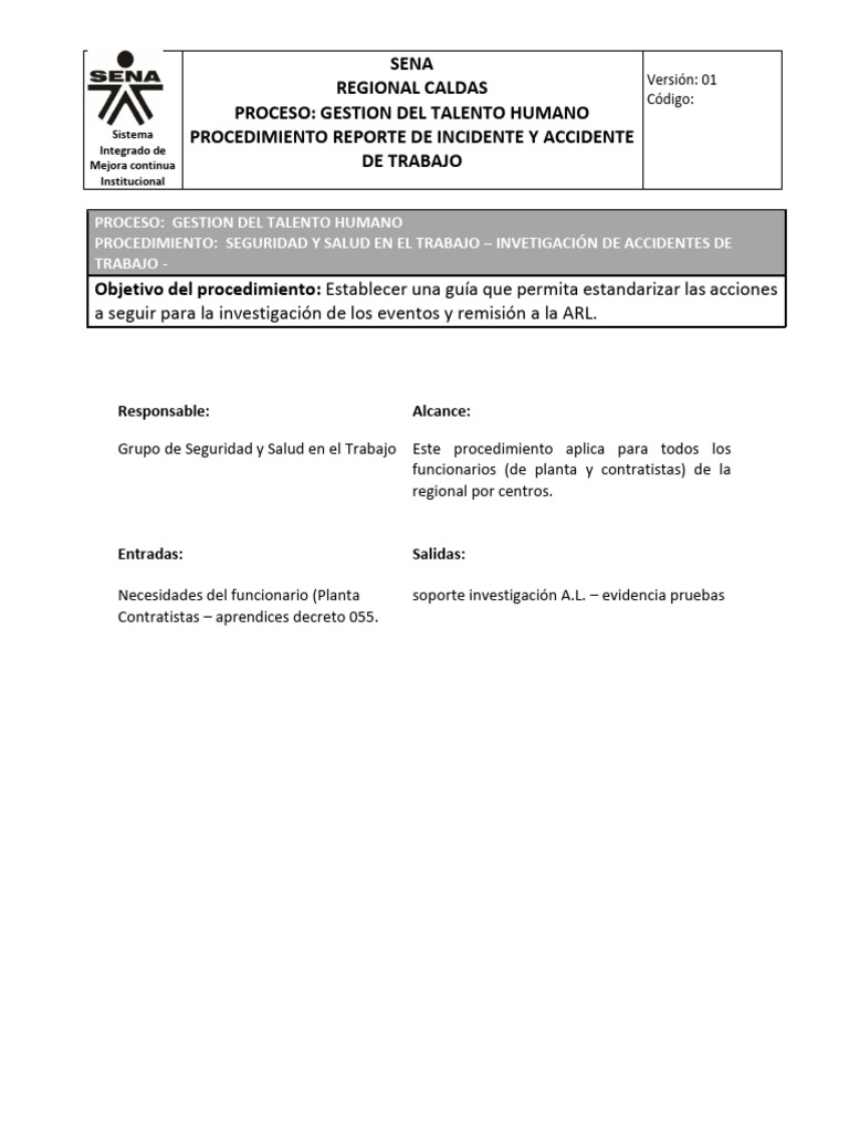 Procedimiento Seguridad y Salud en El Trabajo Investigación Accidentes ...