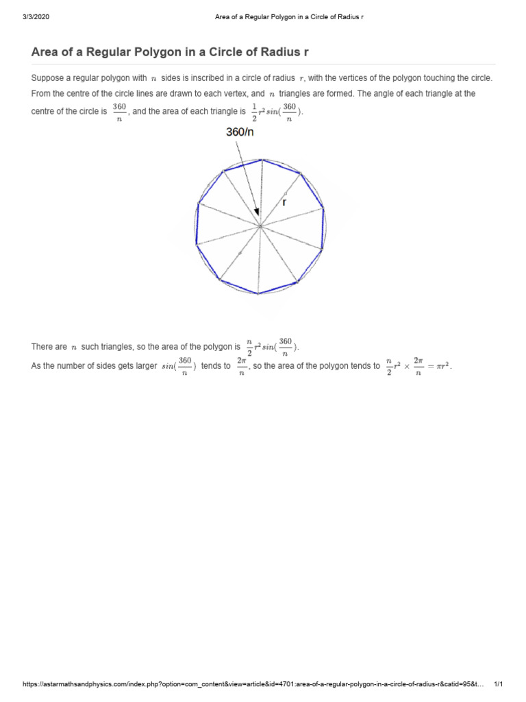 Area of A Regular Polygon in A Circle of Radius R | PDF | Area | Circle