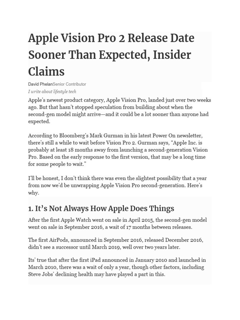 Apple Vision Pro 2 Release Date Sooner Than Expected, Insider Claims ...