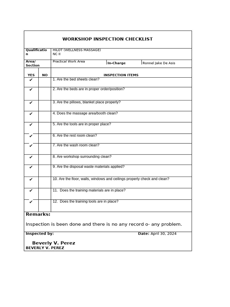 IMPERIAL-Task 2.1-4 WORKSHOP-INSPECTION-CHECKLIST | PDF