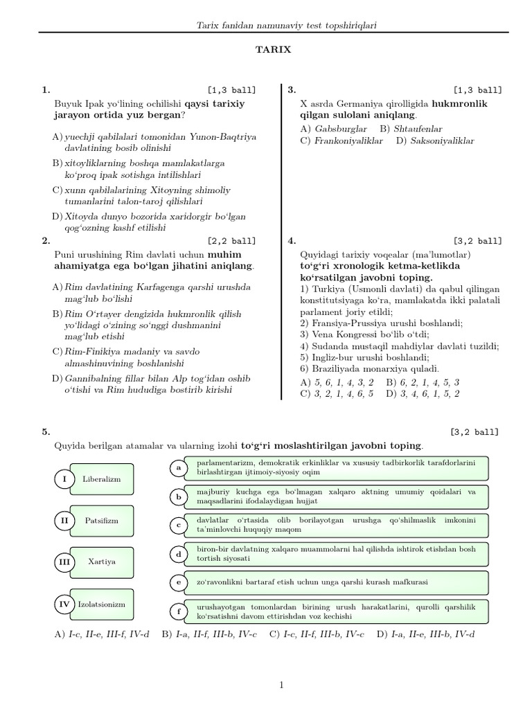 Tarix - Namunaviy Test Topshiriqlari | PDF