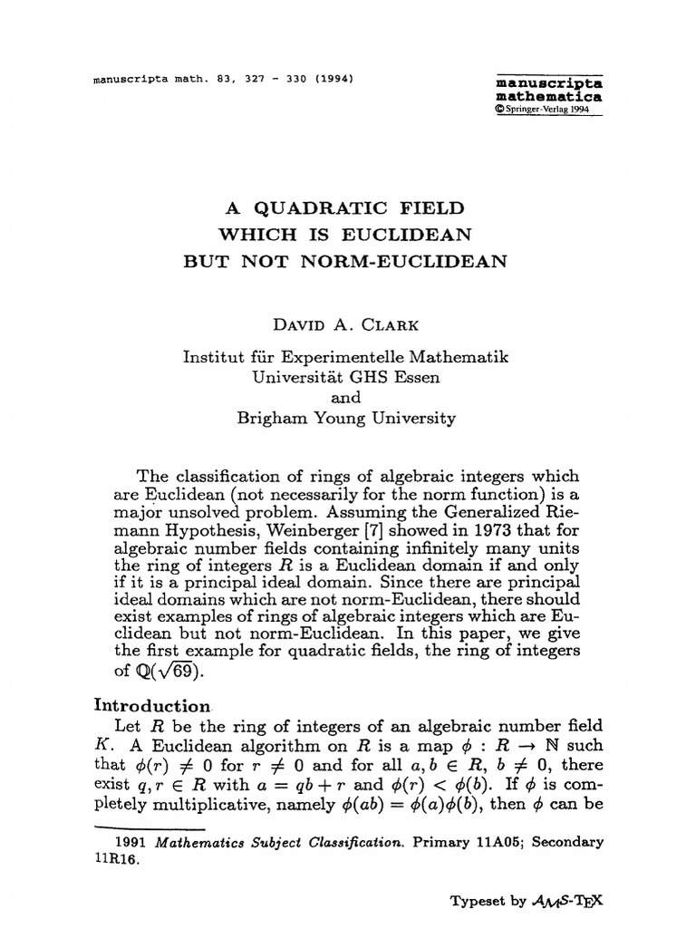 A Euclidean Quadratic Field That Is Not Norm Euclidean | PDF | Discrete Mathematics | Algebra