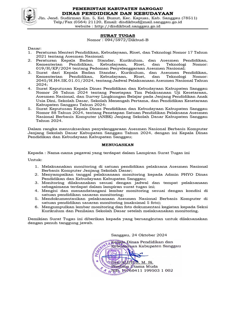 SURAT TUGAS MONITORING ANBK SD 2024 - TTD Cap Fix-Digabungkan | PDF