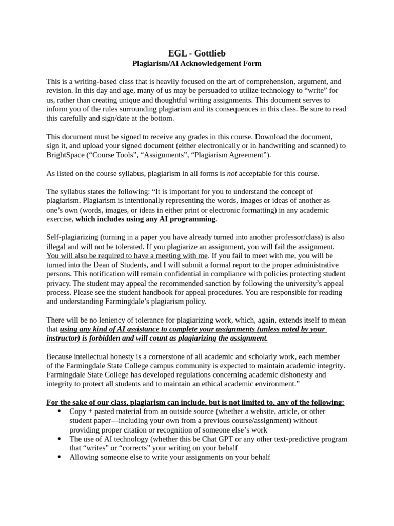 EGL Plagiarism AI Acknowledgement Form 2 | PDF | Plagiarism | Academic ...