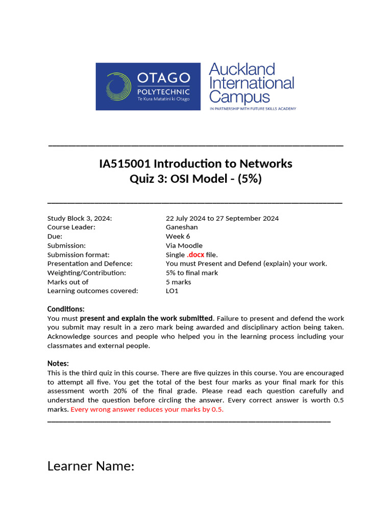 Quiz 3 OSI Model | PDF | Osi Model | Internet Protocol Suite