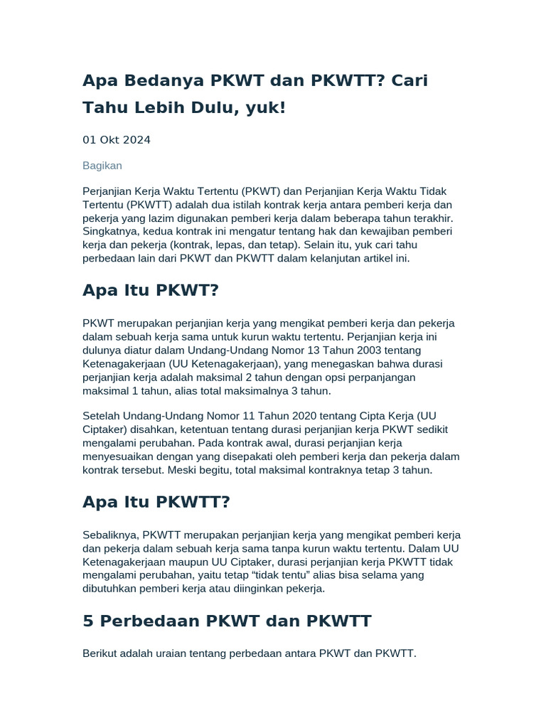 Perbedaan PKWT Dan PKWTT | PDF