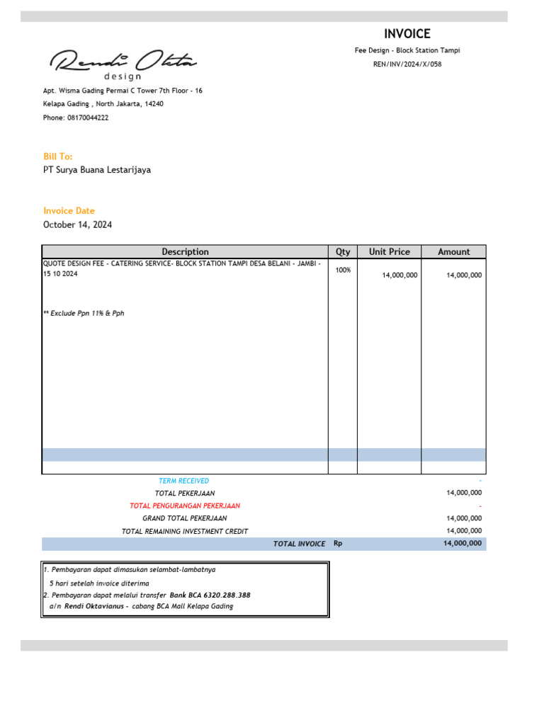 Invoice - Fee Design (Block Station Tampi) PT. SBL | PDF