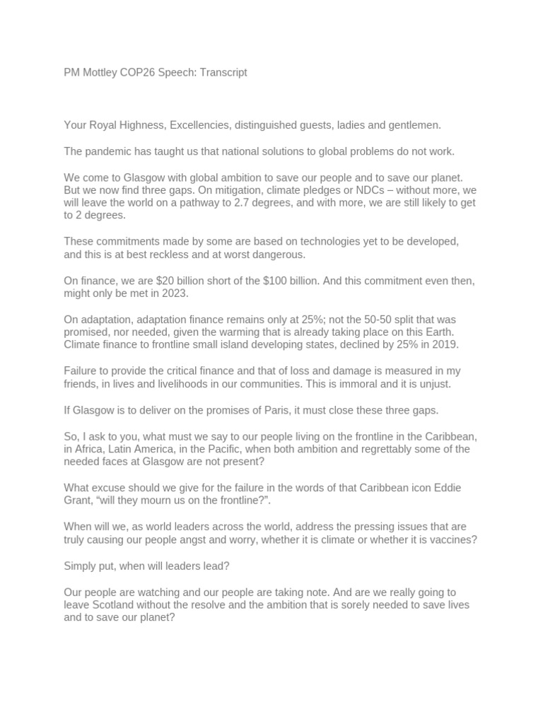 PM Mottley COP26 Speech Transcript | PDF