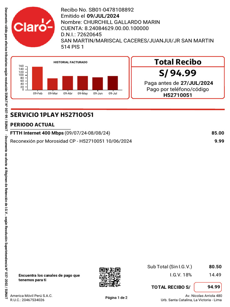 Recibo de Pago Claro: S/ 94.99 Detalles | PDF | Industrias de servicio