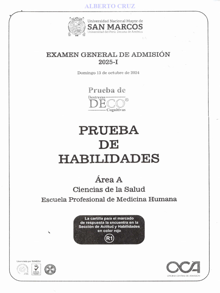 Examen de Admisión 2025-I - Tipo 1 - Medicina Humana Conocimientos y ...