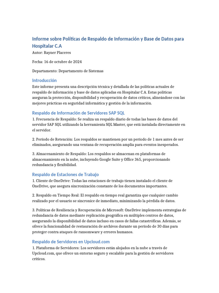 Informe Hospitalar Respaldo Informacion Extendido | PDF | Servidor ...