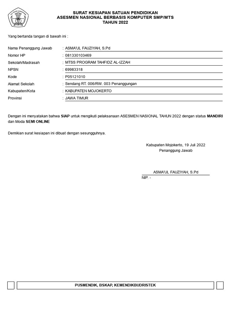 SURAT Kesiapan Asesmen Nasional | PDF