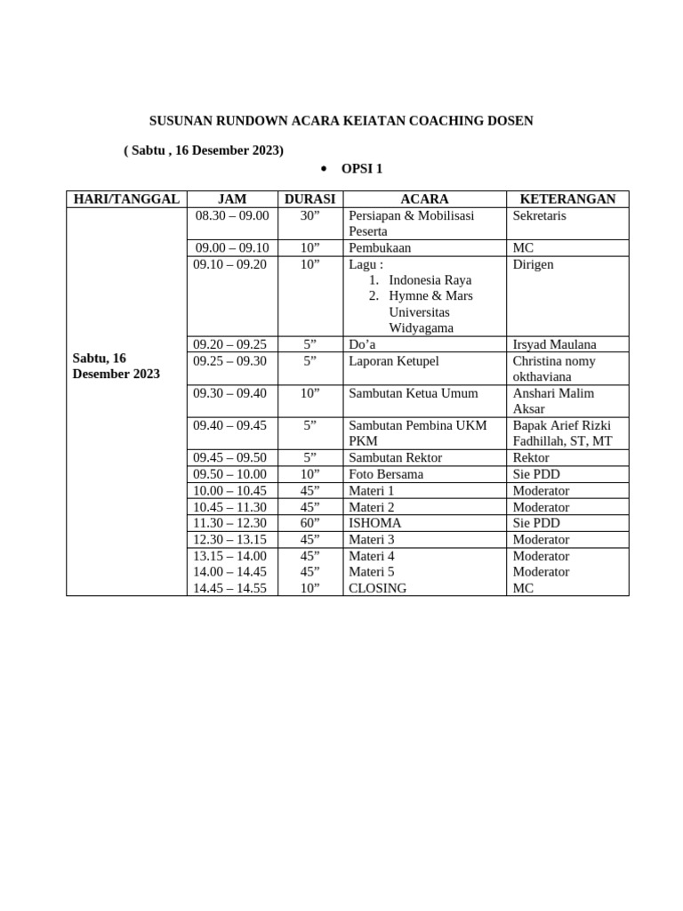 Susunan Rundown Acara Coaching Dosen | PDF