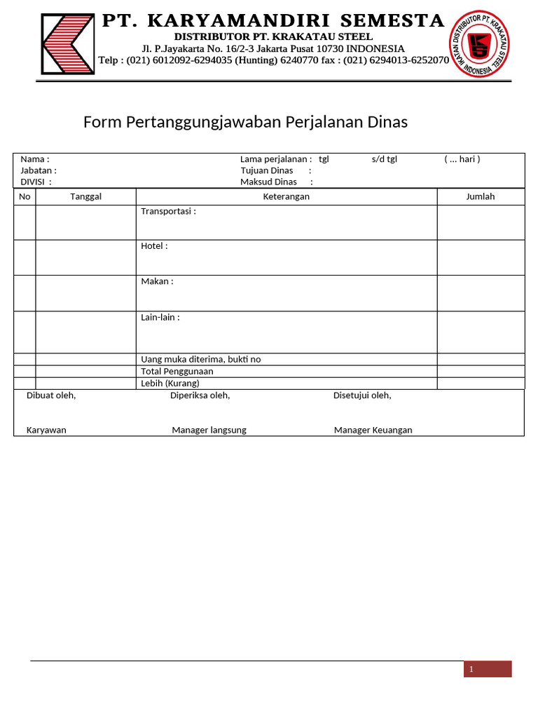 Form Pertanggungjawaban Perjalanan Dinas Kms | PDF