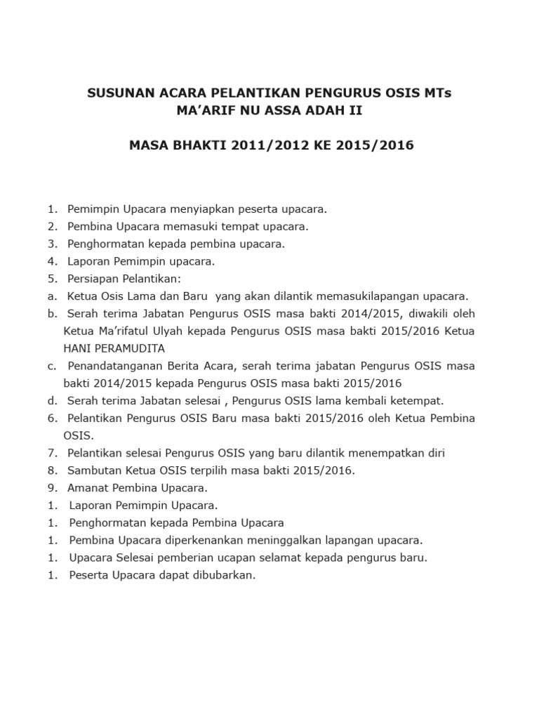 Susunan Acara Pelantikan Pengurus Osis Mts Assa Adah II 1015 - Compress ...