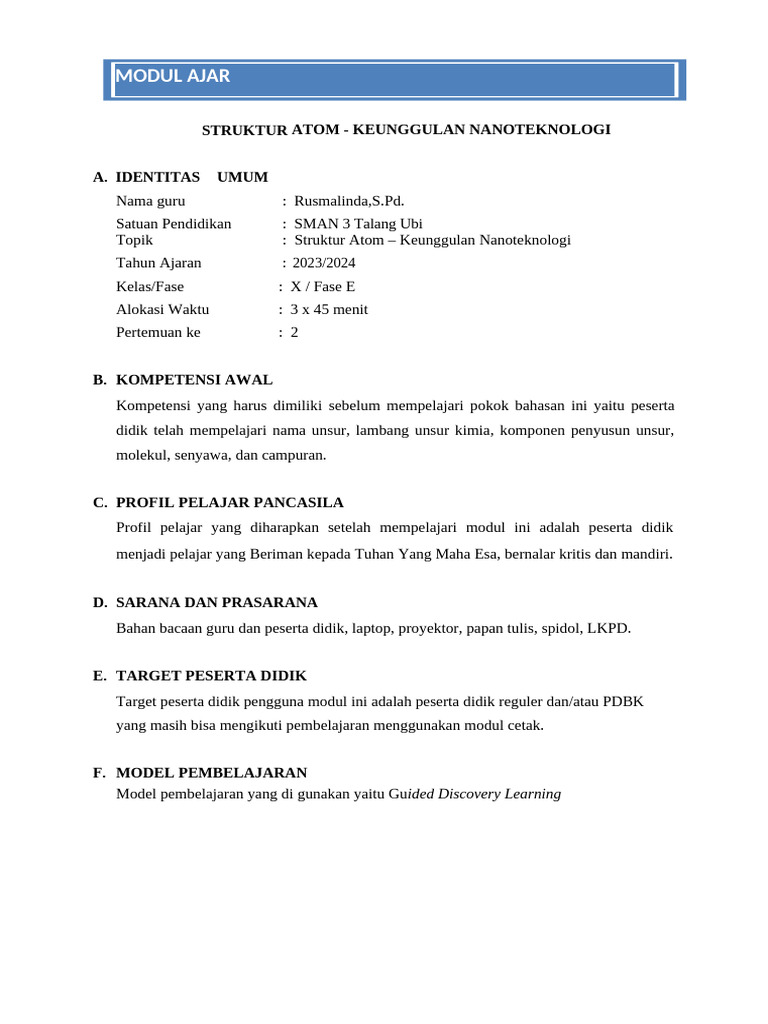 Modul Ajar Struktur Atom-Nanoteknologi | PDF