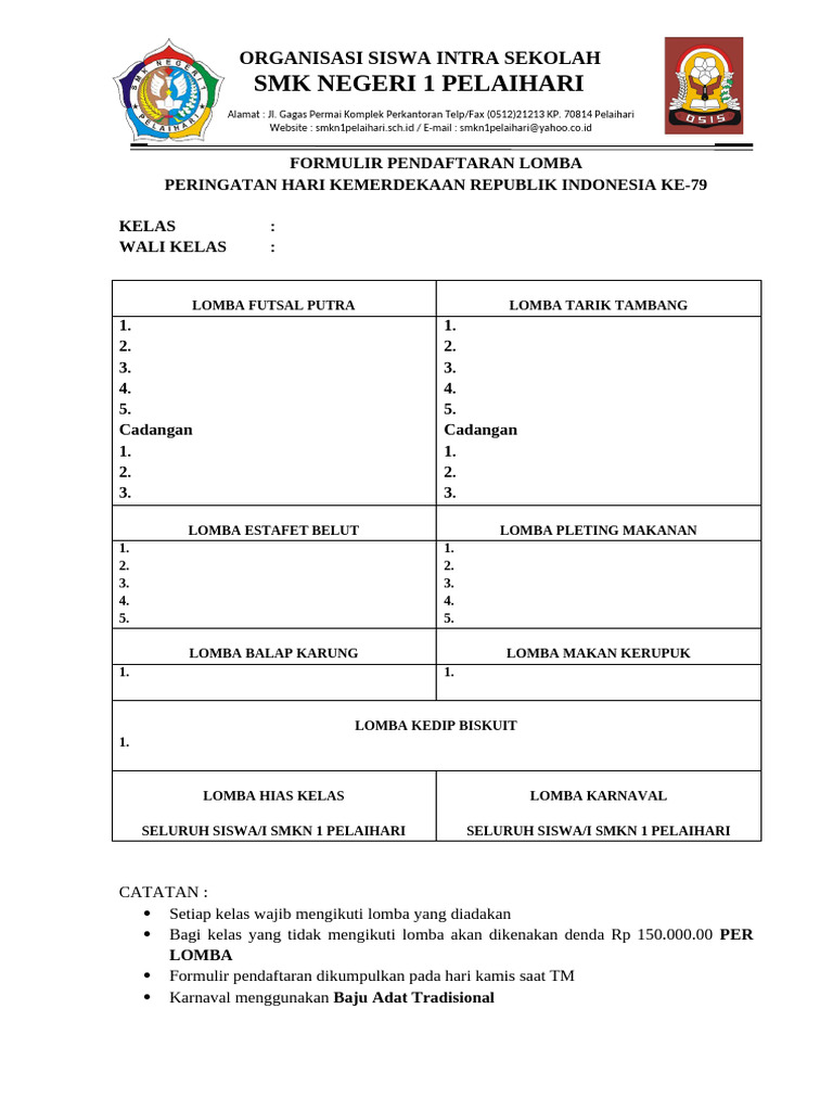 Formulir Pendaftaran Lomba 17 Agustus 2024 | PDF