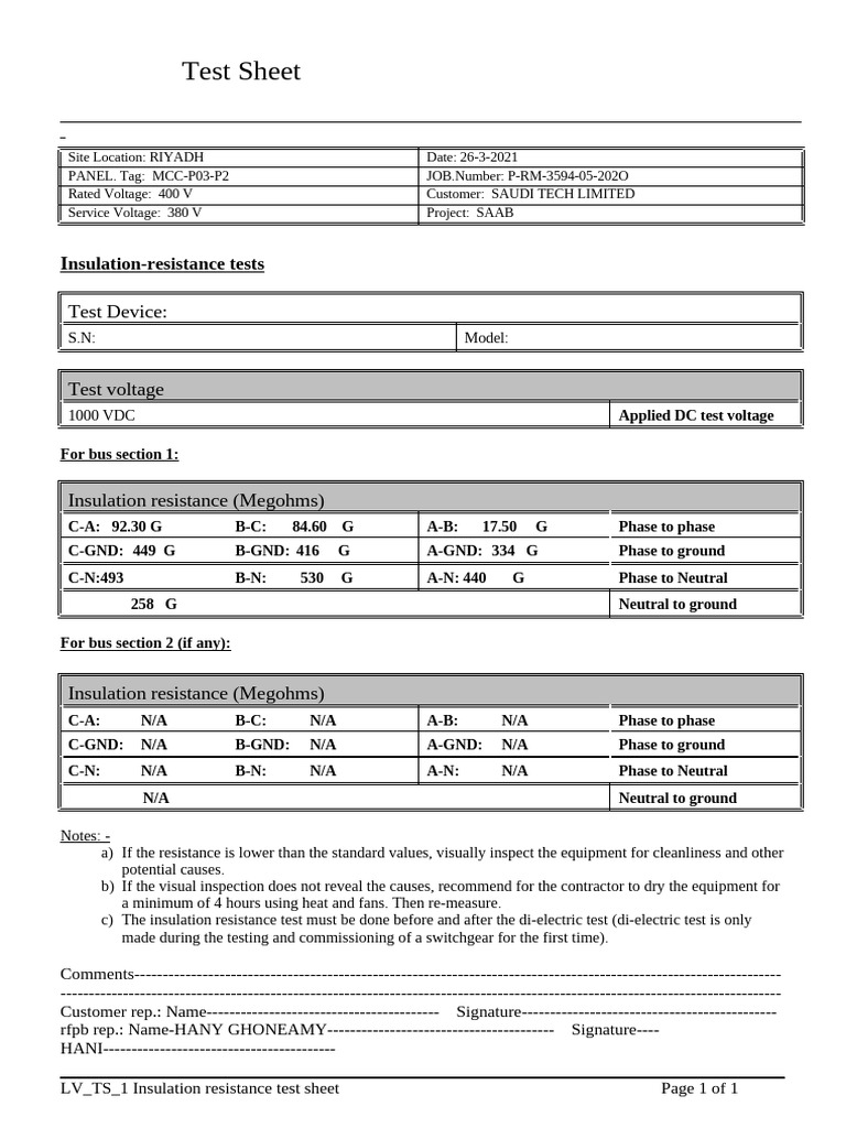 LV - TS - 1 Insulation Resistance Test MCC | PDF | Insulator ...