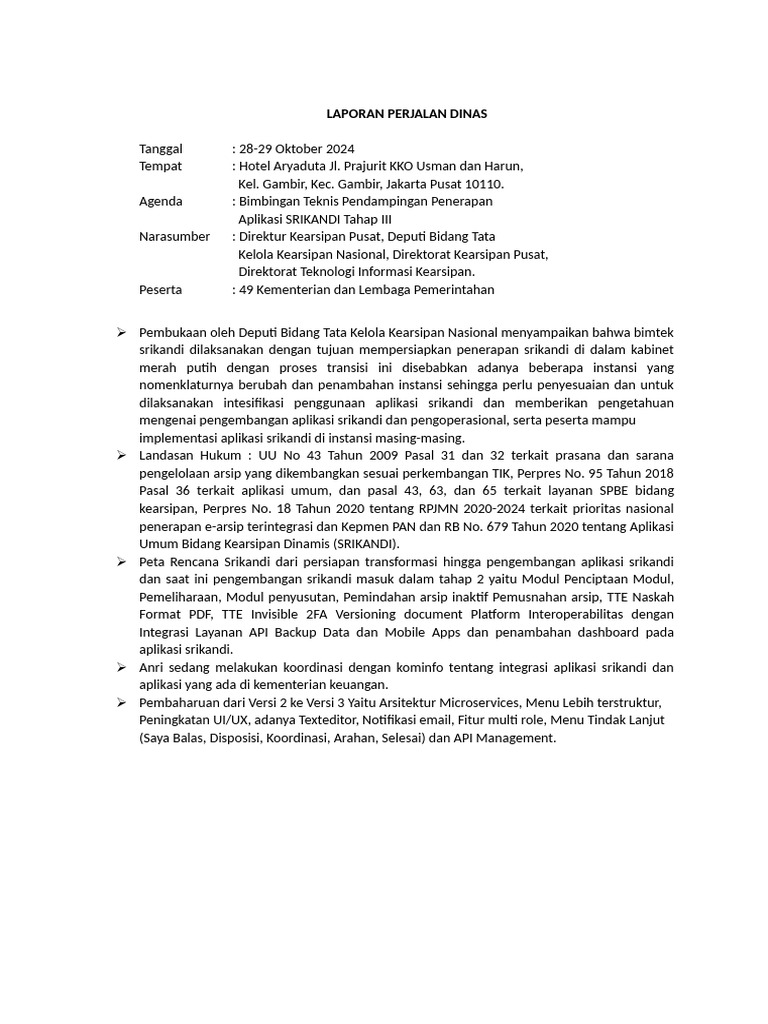 Laporan Perjalanan Dinas Bimtek Srikandi Versi III | PDF