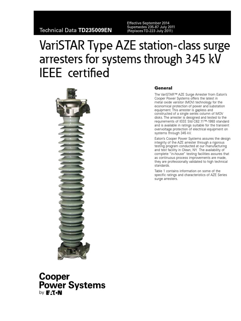 Cooper Varistar Type AZE | PDF | Insulator (Electricity) | Electromagnetism