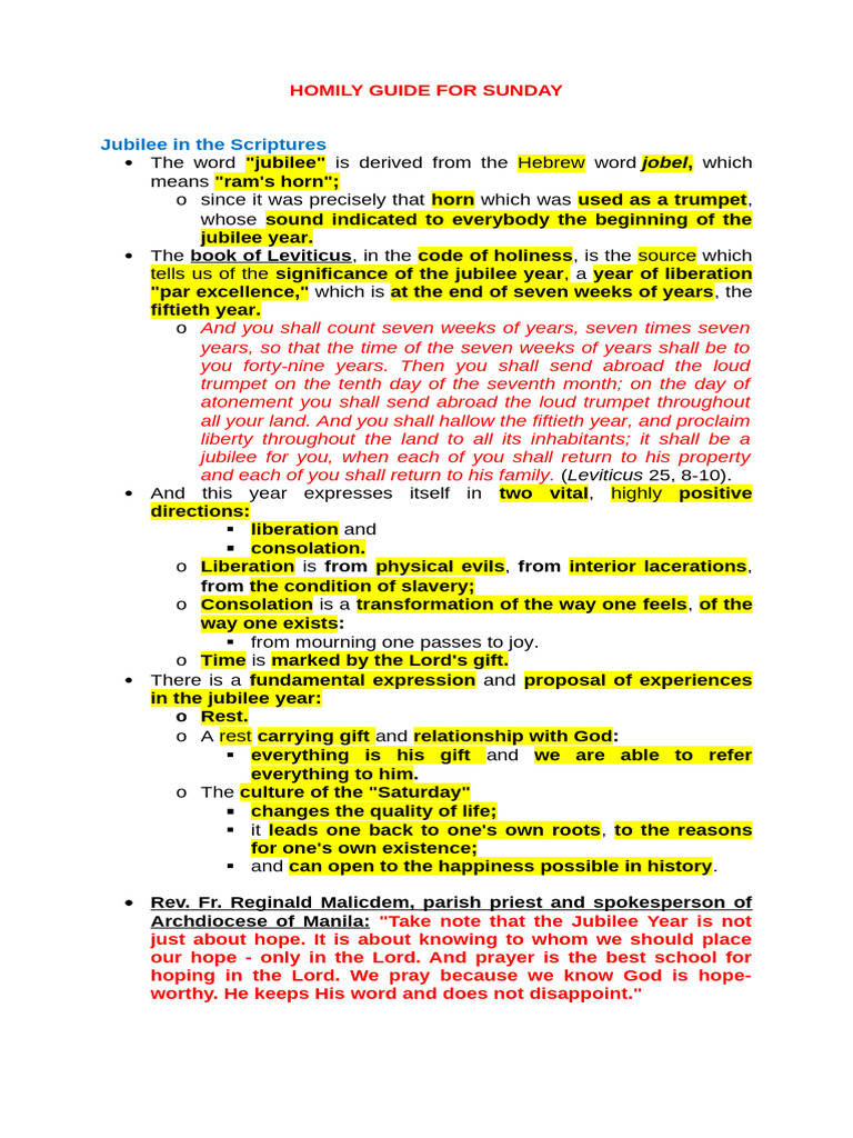 Homily Guide For Sunday On Jubilee Year | PDF | Book Of Leviticus | Religious Belief And Doctrine