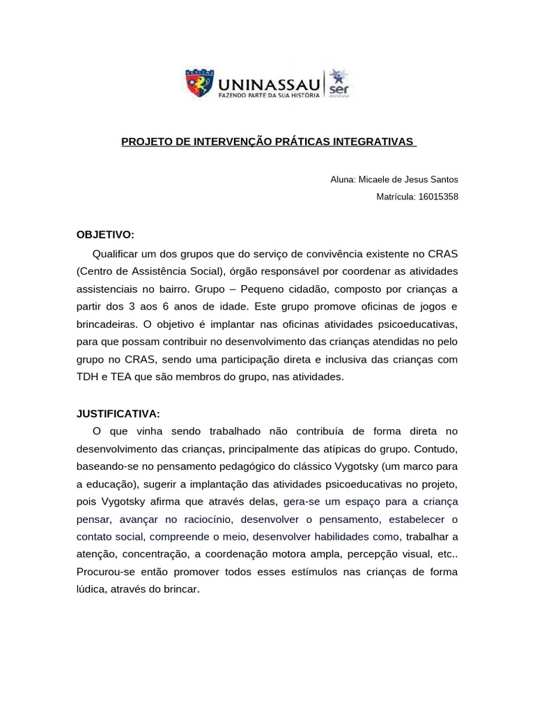 MICA MODELO PROJETO DE INTERVENÇÃO PRÁTICAS Atual | PDF | Pensamento ...