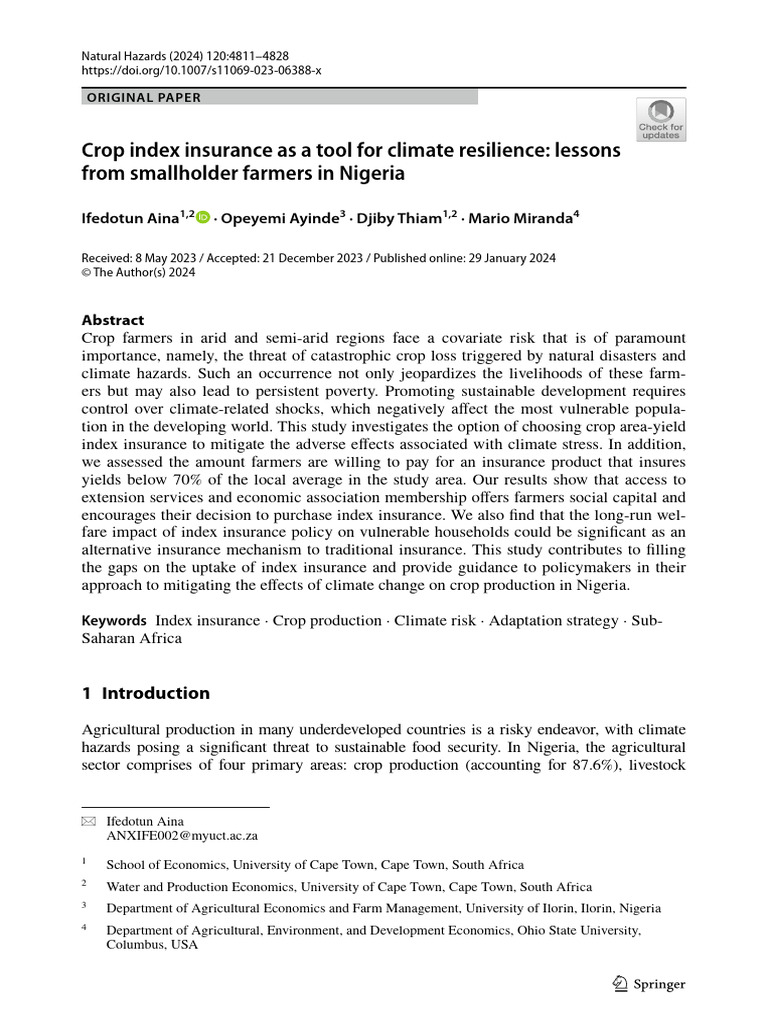 Crop Index Insurance As A Tool For Climate Resilience Lessons From ...