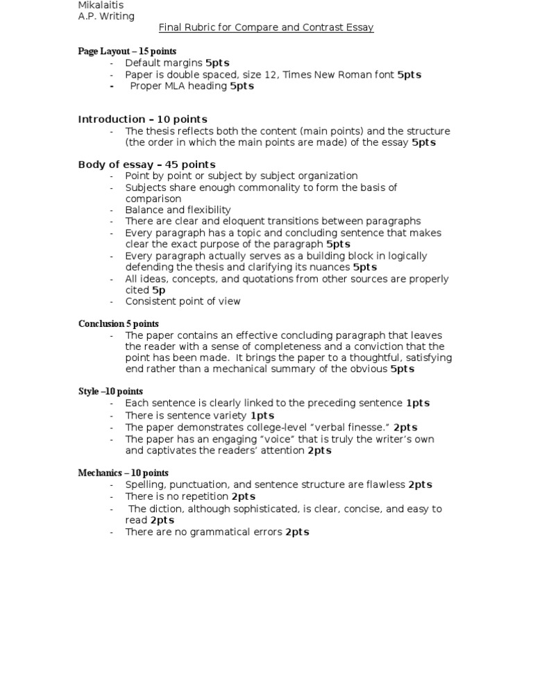 Compare and Contrast Essay Rubric | PDF | Paragraph | Essays