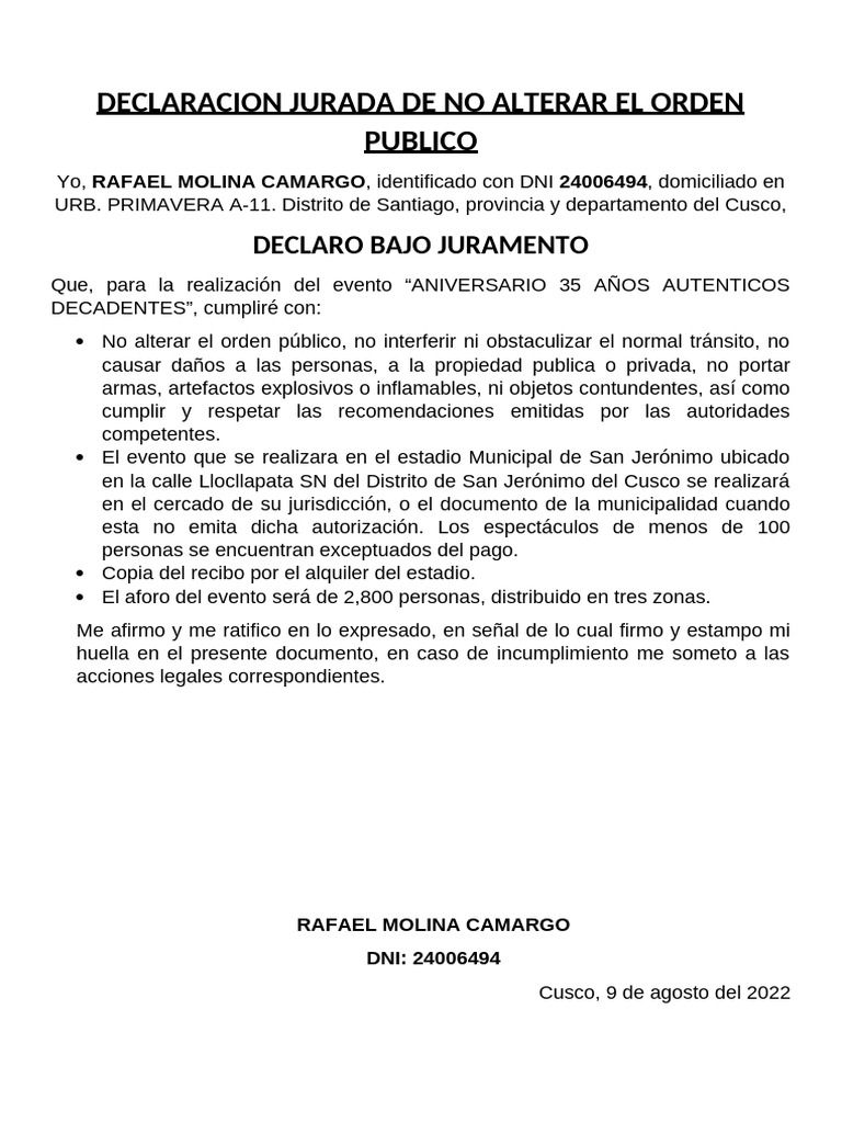 Declaracion Jurada de No Alterar El Orden Publico | PDF