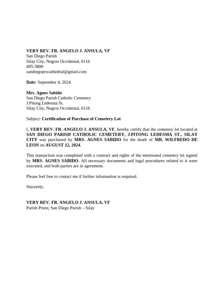 Cemetery Lot Purchase Certification | PDF | Sports & Recreation