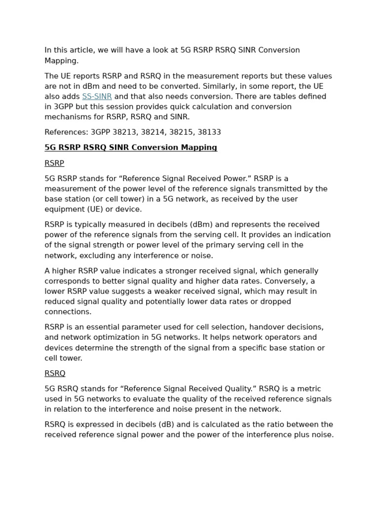 5G RSRP RSRQ SINR Conversion Mapping | PDF | Decibel | Computer Engineering