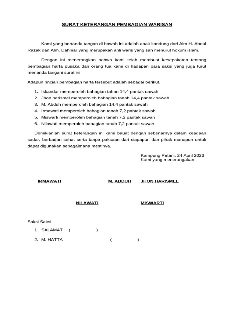 Surat Keterangan Pembagian Warisan | PDF