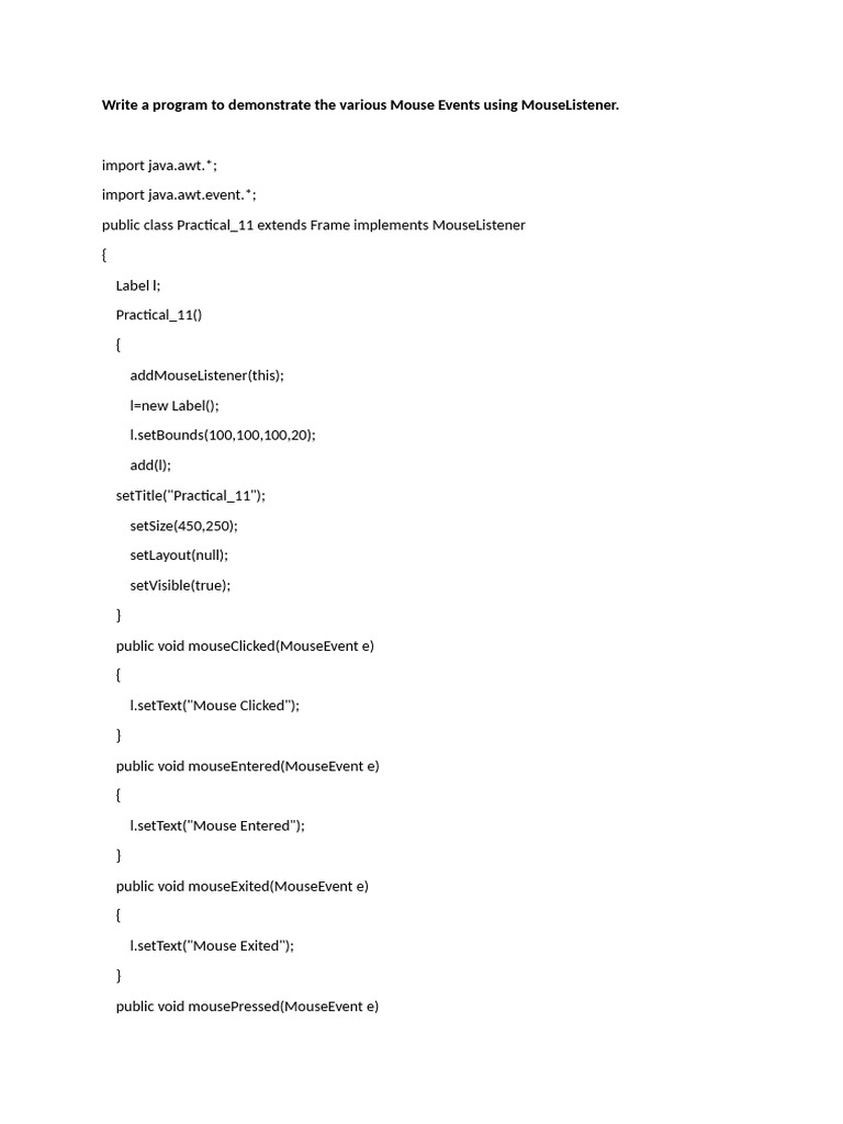 Write A Program To Demonstrate The Various Mouse Events Using ...
