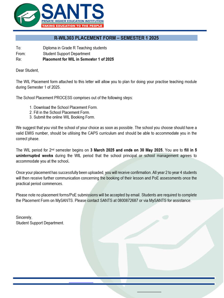 R-Wil303 Placement Form SEMESTER 1 2025 | PDF | Teacher Education