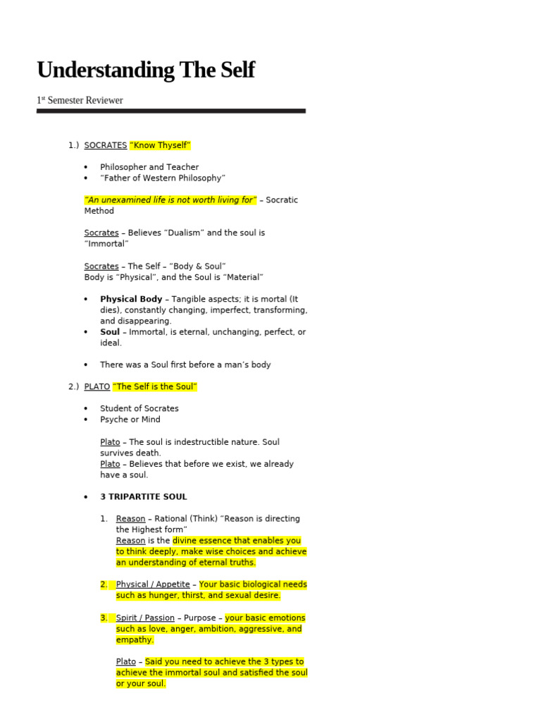 UTS - 1st Semester Reviewer | PDF | Soul | Philosophy Of Self