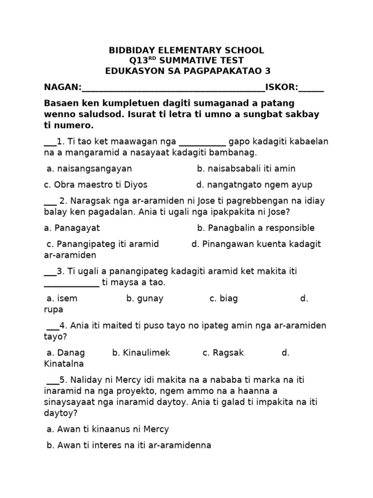 3rd SUMMATIVE TEST IN ESP 3 | PDF