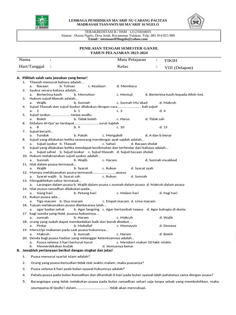 Soal UTS Ganjil Fiqh Kelas 8 | PDF