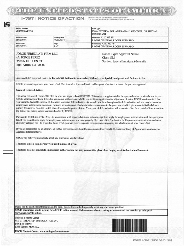 Roger Eduardo Lagos Centeno - I-360 Approval Notice | PDF | Human ...