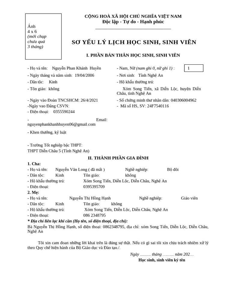 So Yeu Ly Lich Sinh Vien | PDF