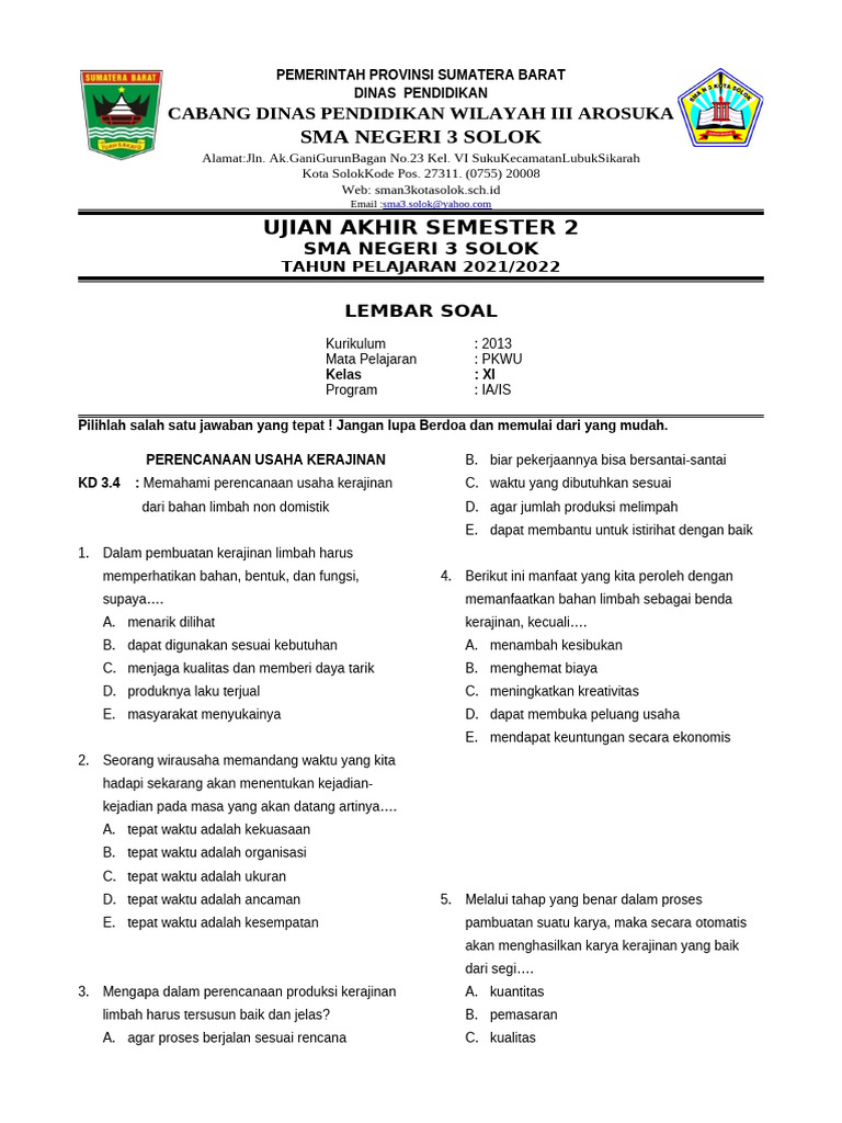 Soal Uas Genap - Pkwu Xi (2020-2021) | PDF