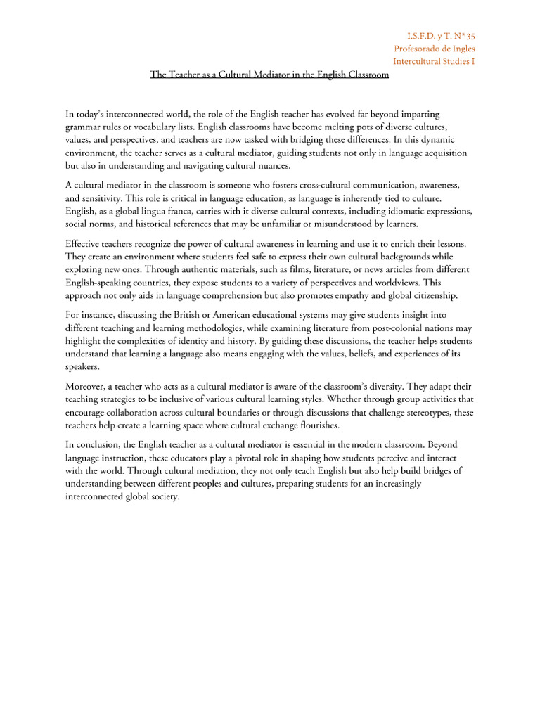 The Teacher As A Cultural Mediator in The English Classroom | PDF