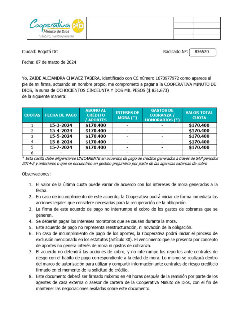 Acuerdo de Pago ZAIDE ALEJANDRA CHAWEZ TABERA | PDF