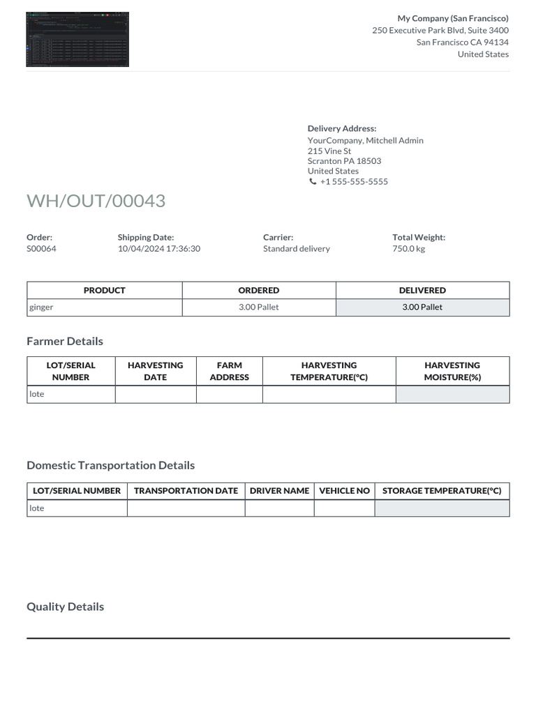 Delivery Slip - Mitchell Admin - WH - OUT - 00043 | PDF
