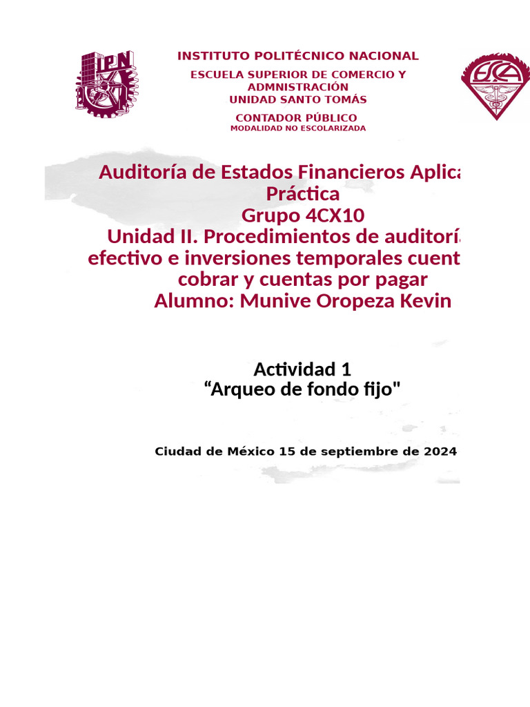 S2A1 - Arqueo de Fondo Fijo - Munive Oropeza Kevin | PDF ...