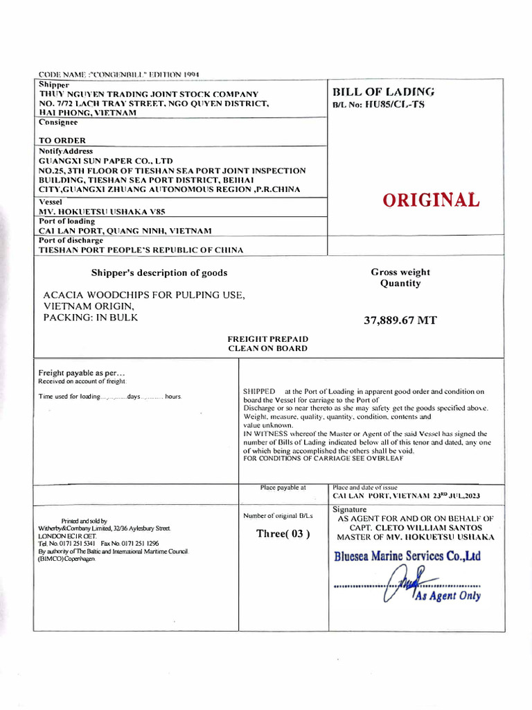 Obl - Mv. Hokuetsu Ushaka V85 | PDF | Bill Of Lading | Water Transport