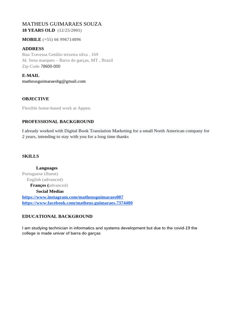 Cópia de Cópia de Currículo Atual em Inglês | PDF