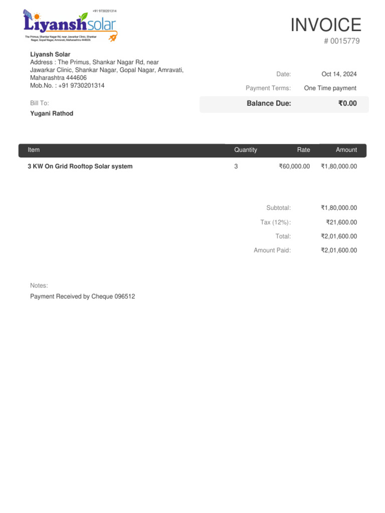 Invoice for Solar System Purchase | PDF