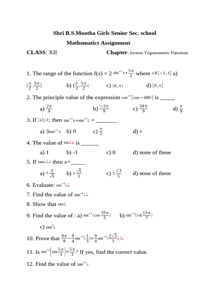 Inverse Trigonometric Functions Assignment | PDF | Trigonometric Functions | Elementary Mathematics
